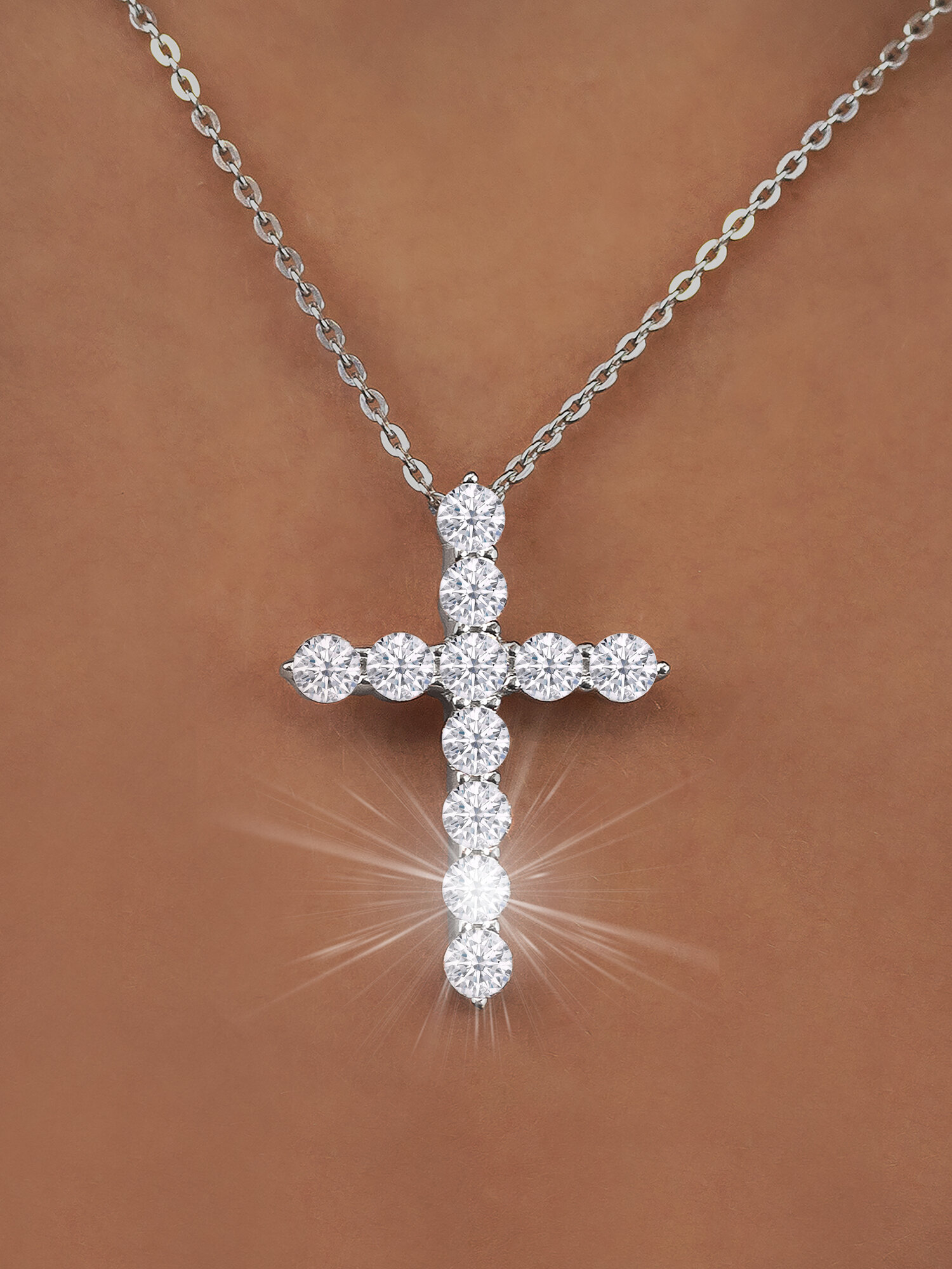 Крестик, серебро, 925 проба, родирование, фианит