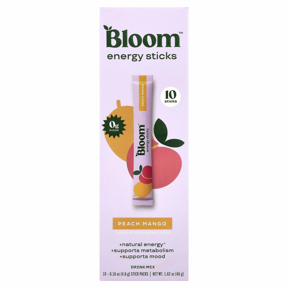 Bloom, энергетические стики, со вкусом персика и манго, 10 шт. по 4,6 г (0,16 унции)