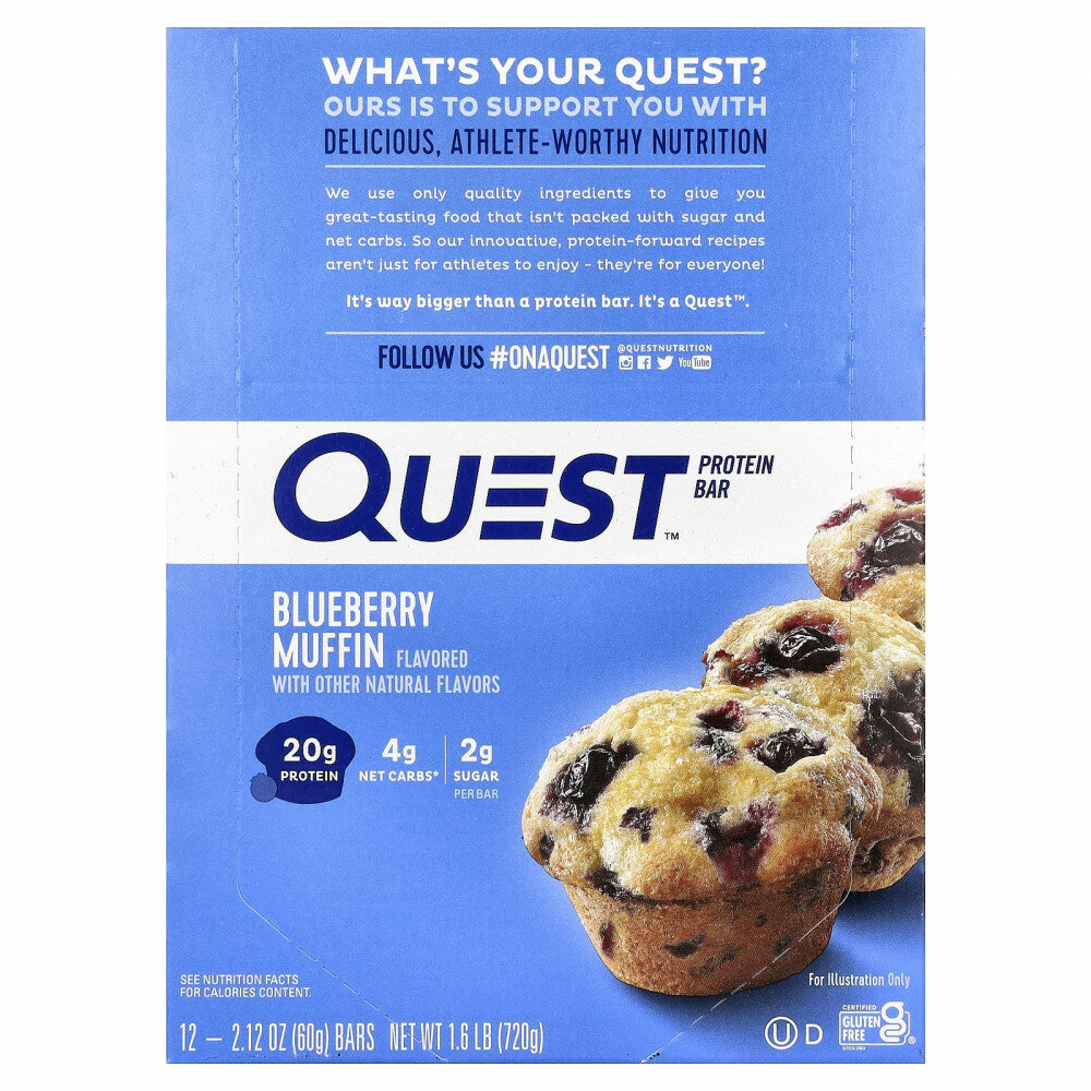 Quest Nutrition, протеиновый батончик, вкус кекса с голубикой, 12 батончиков по 60 г (2,12 унции)
