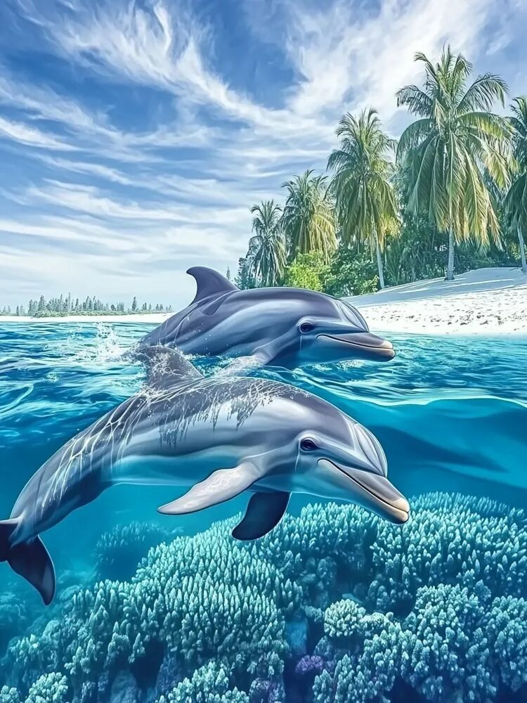 Алмазная картина "Дельфины в тропиках", 30x40 см. Набор для творчества: океан, кораллы, пляж.