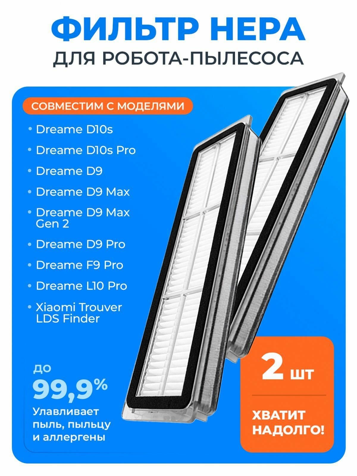 Фильтр HEPA для робота-пылесоса Dreame D9, D9 Max, D9 Pro, F9 Pro, D10s, D10s Pro, L10 Pro и Xiaomi Trouver LDS Finder, комплект 2 шт для чистого воздуха и эффективной уборки