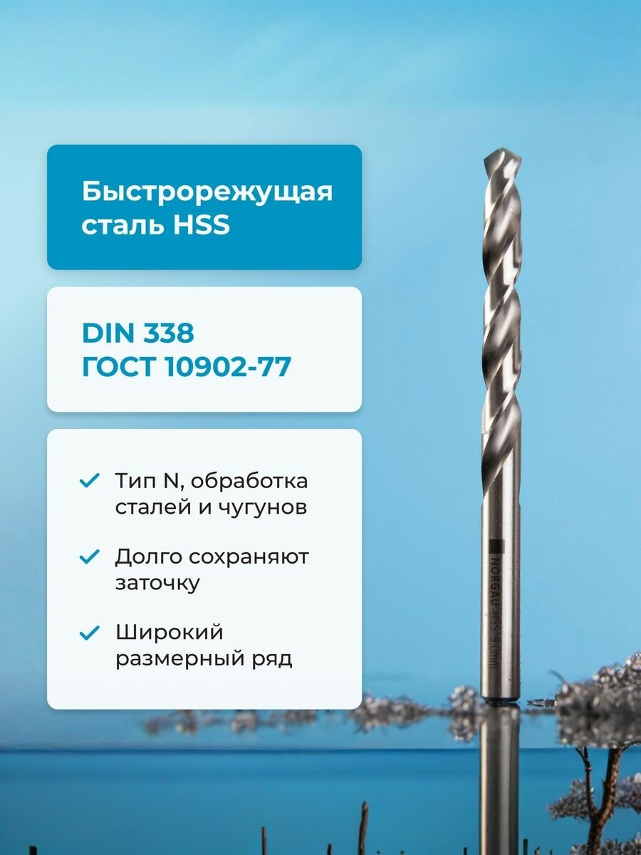 Сверло по металлу NORGAU Industrial, HSS спиральное правое с подточкой перемычки, DIN338, 4.9 мм
