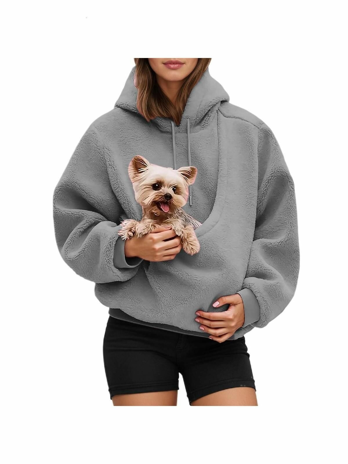 Женская толстовка с капюшоном для питомцев (с карманом для кошки) с длинными рукавами, Серый - M