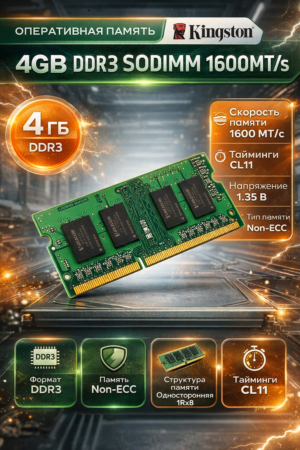 Оперативная память Kingston 4GB 1600MT/s DDR3 Non-ECC CL11 SODIMM 1Rx8 (Select Regions ONLY) (Kingston KVR16S11S8/4WP)