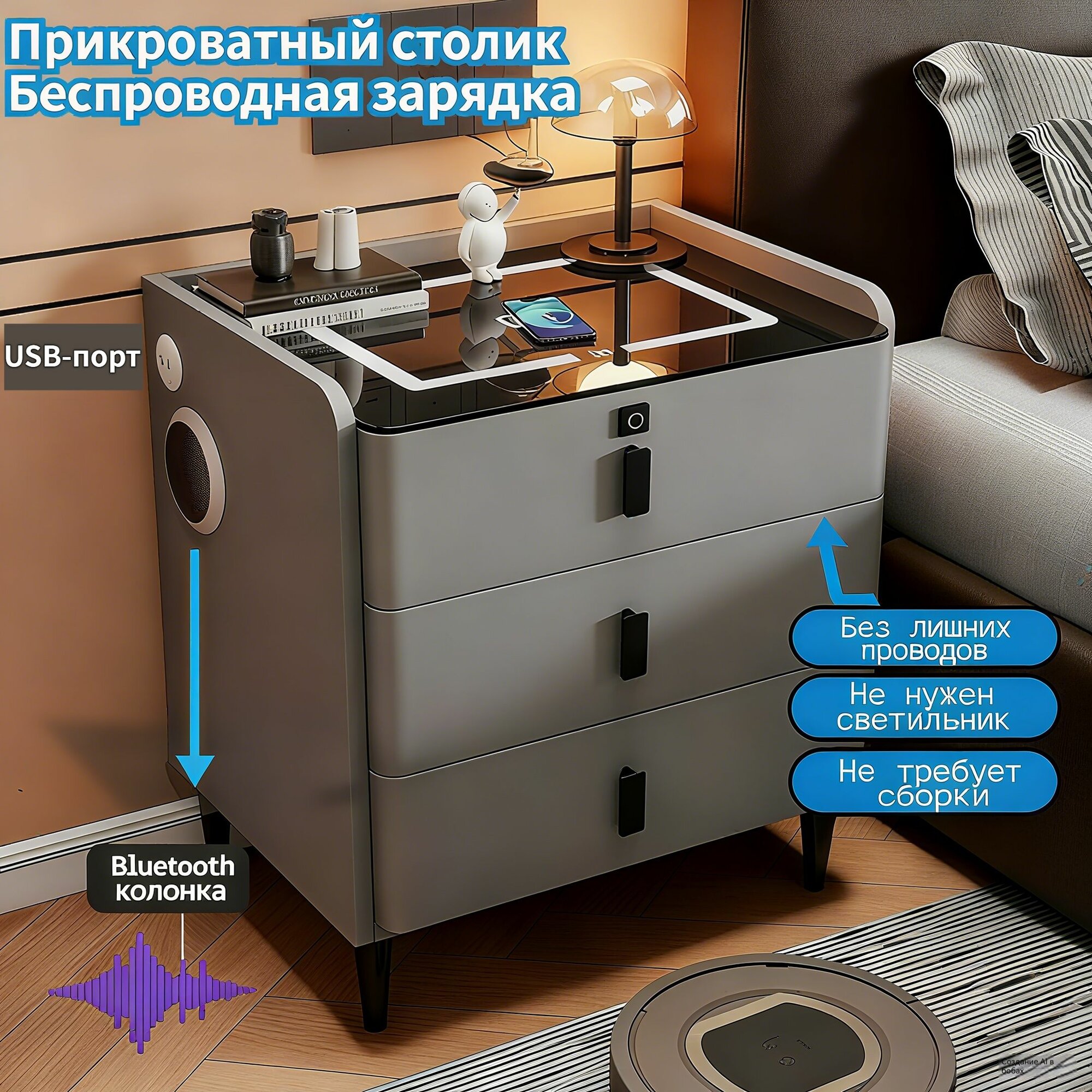 Прикроватная тумбочка с беспроводной зарядкой и Bluetooth-колонкой, 2 USB, 2 динамика, закалённое стекло, 40*40*56