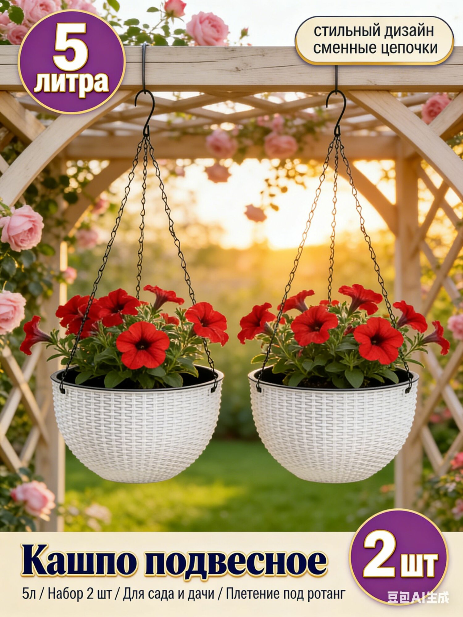 Кашпо подвесное уличный и комнатный декор, 5л, 2 штуки, белое ротанговое плетение с прочной цепью