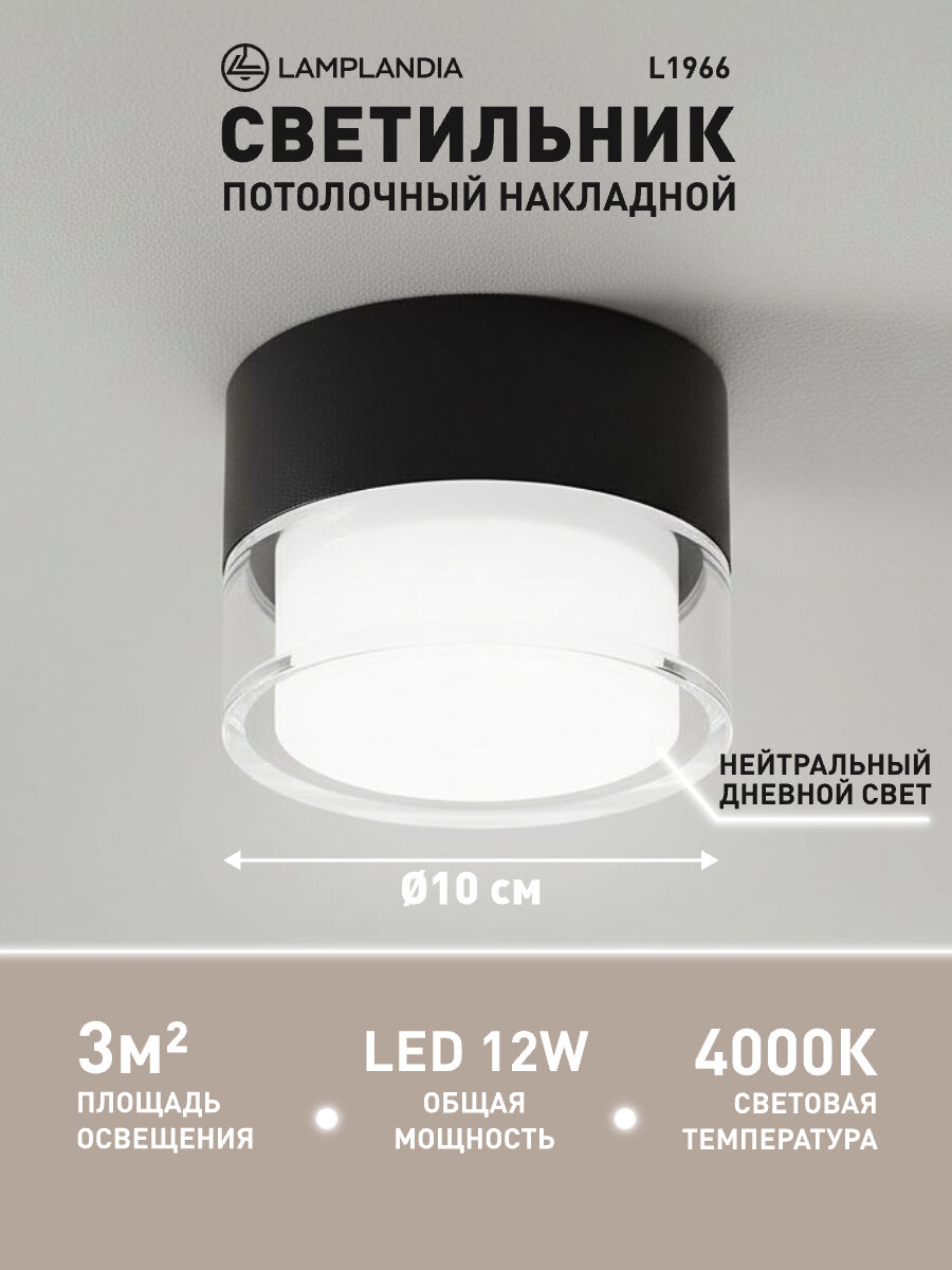 Светильник накладной светодиодный Lamplandia L1966 CYLINDER 4000K BLACK, LED 12W