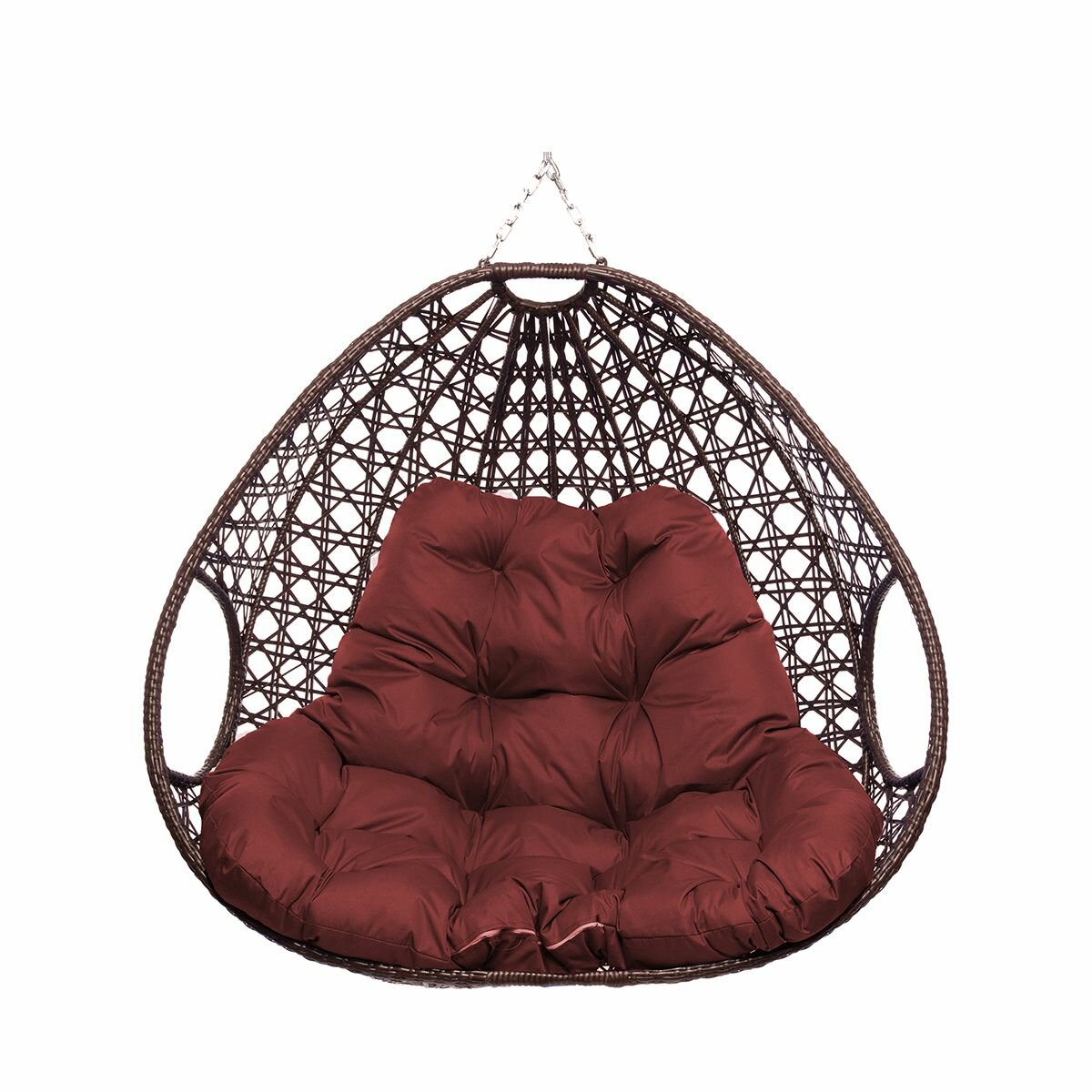 Подвесное кресло для двоих люкс (без стойки), с ротангом коричневое, бордовая подушка