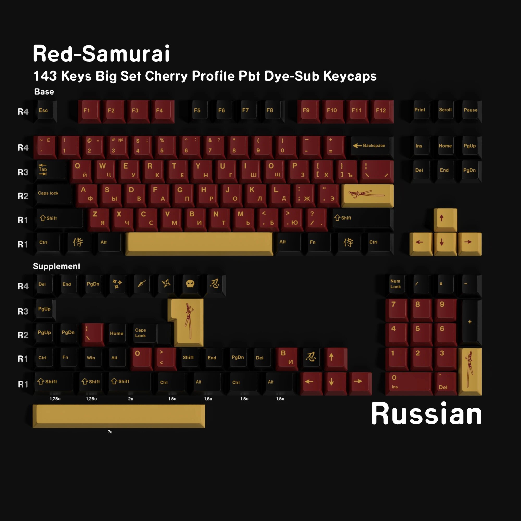 Красные кейкапы Red Samurai PBT Cherry, русско-корейская раскладка BRPT, клон GMK, сублимационная печать, для механических клавиатур с переключателями MX, классические кейкапы