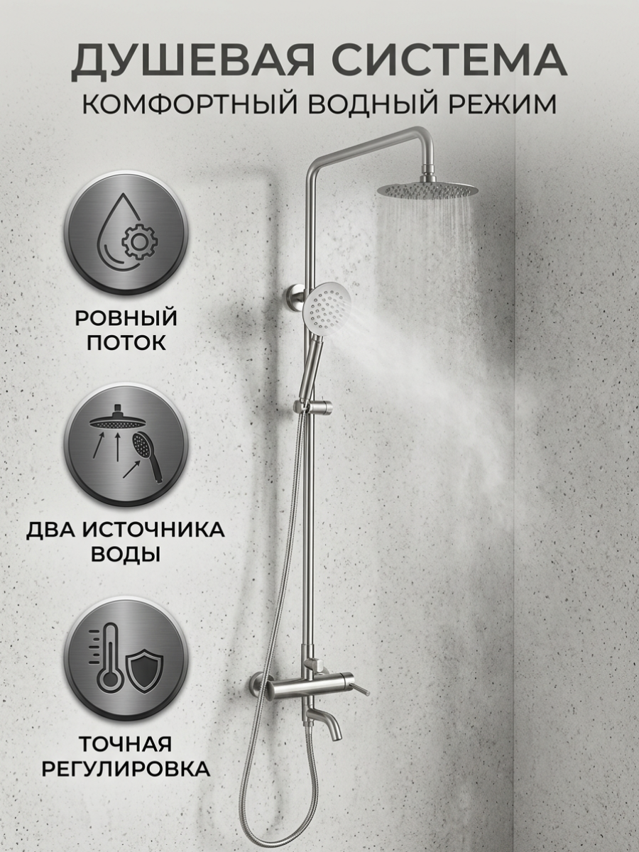Душевая система Diadonna D65-35005S 3в1 с тропическим дождем, нержавеющая сталь