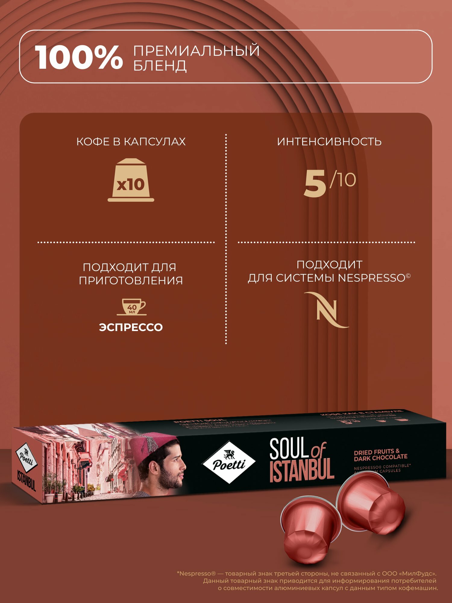 Кофе в капcулах Poetti Soul of Istanbul, интенсивность 5, 10 шт