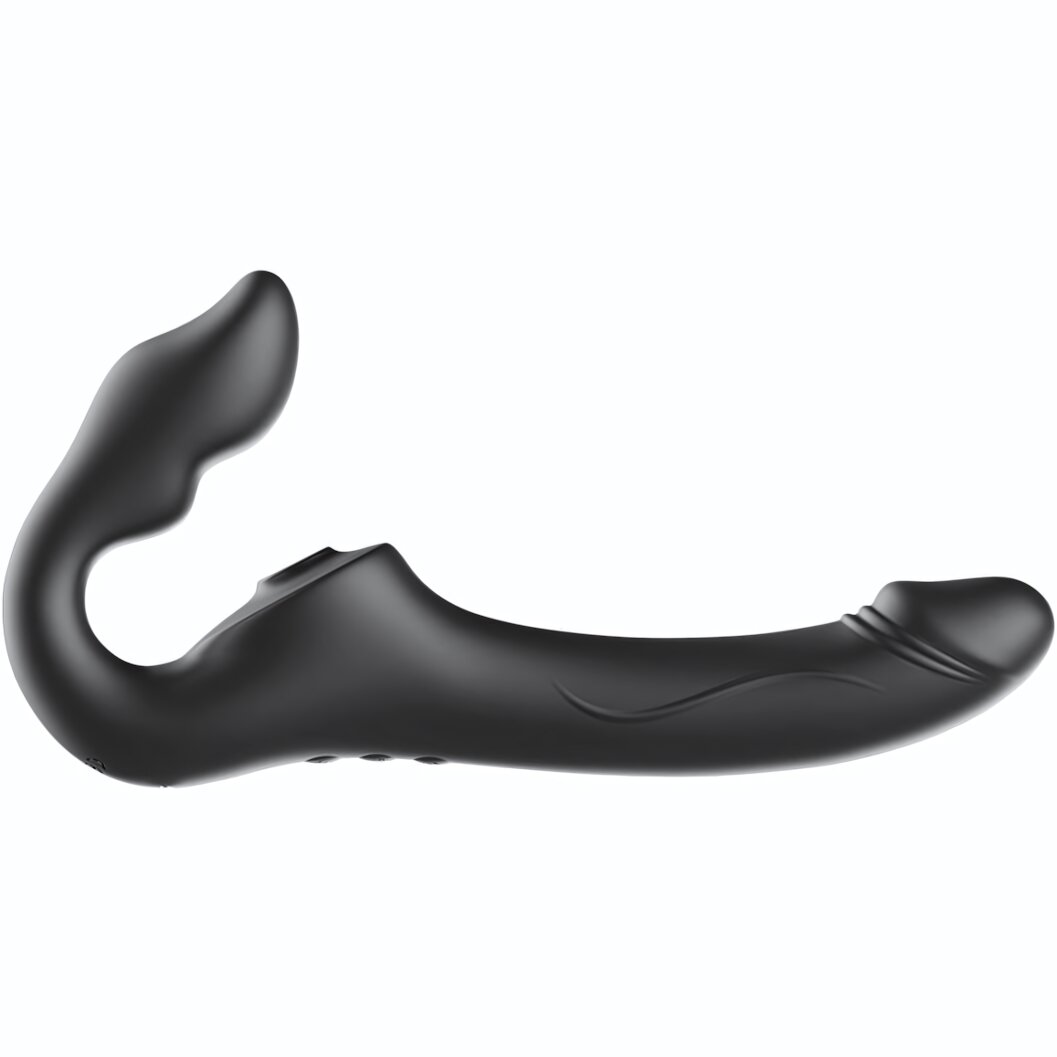 Страпон безремневой Ibiza с 3 моторами и вакуумной стимуляцией, медицинский силикон, длина 13,5 см, черный