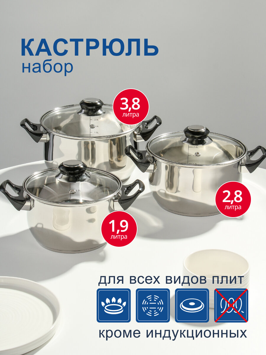 Набор посуды нержавеющая сталь, 6 предметов, кастрюли 1,9, 2,8, 3,8. л, DNN1, SD-A19-6
