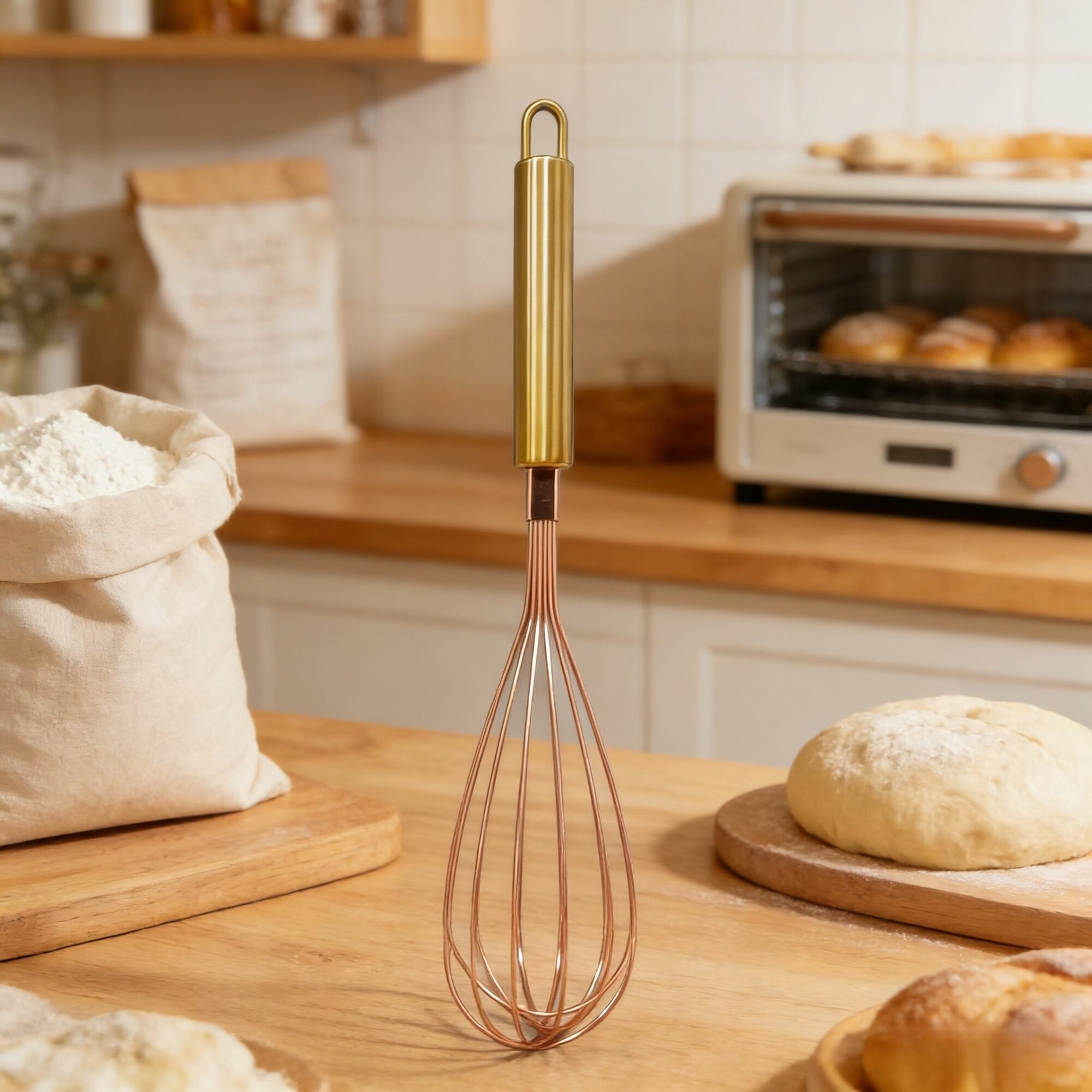 Двухцветный, утолщенный венчик, из нержавеющей стали, длина 33.5 см, вес 128 грамм.