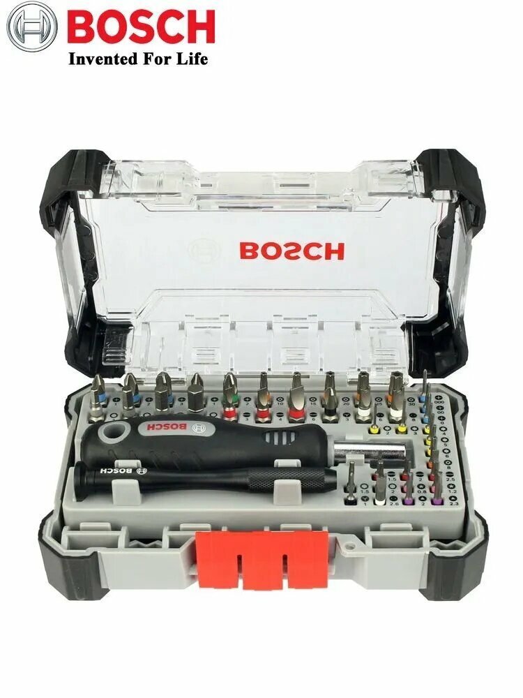 Набор прецизионных бит и отверточных насадок BOSCH из 42 предметов, в прочном пластиковом футляре.
