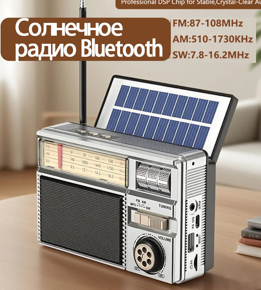 Портативное Ретро DSP радио Классическая Винтажная Солнечная зарядка FM AM SW Радио Перезаряжаемый динамик Bluetooth5.4 Поддержка TF карты USB AUX