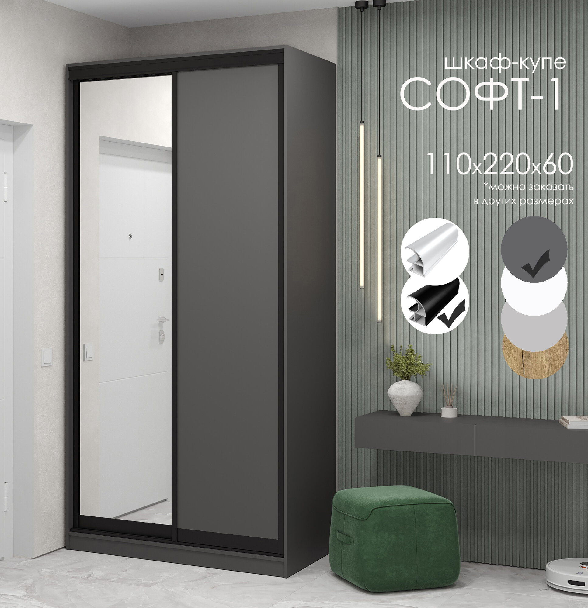 Шкаф-купе СОФТ-1, 110*220*60, графит, черный матовый, с зеркалом, платье/белье