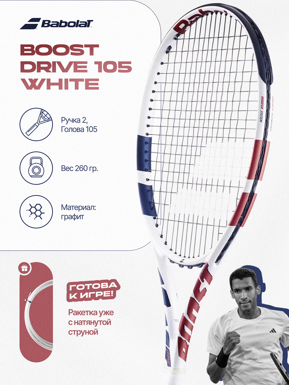 Ракетка для большого тенниса Babolat Boost Drive 105 White (Ручка 2, с натяжкой)