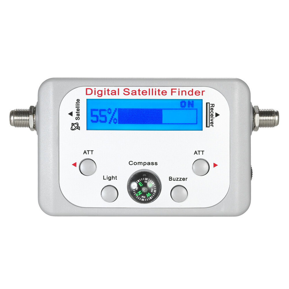 Мини цифровой прибор для поиска спутникового сигнала с LCD-дисплеем, компасом и зуммером, материал ABS, импеданс 75Ω, усиление ≥10dB, питание DC13-18V, диапазон частот 950-2150MHz, диапазон входного уровня -40~-10dBm, рабочий диапазон 52-60dB,