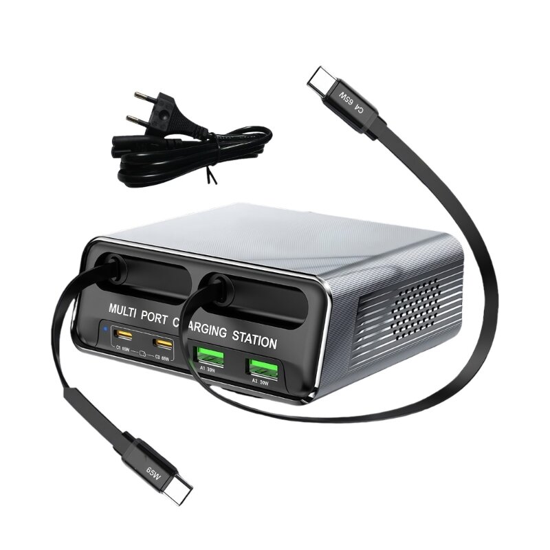 Зарядная Станция мощностью 120 Вт с Выдвижным Кабелем USB C, 6-Портовый Настольный Блок Быстрых Зарядных Устройств для Телефона, Концентратора Зарядки Планшета