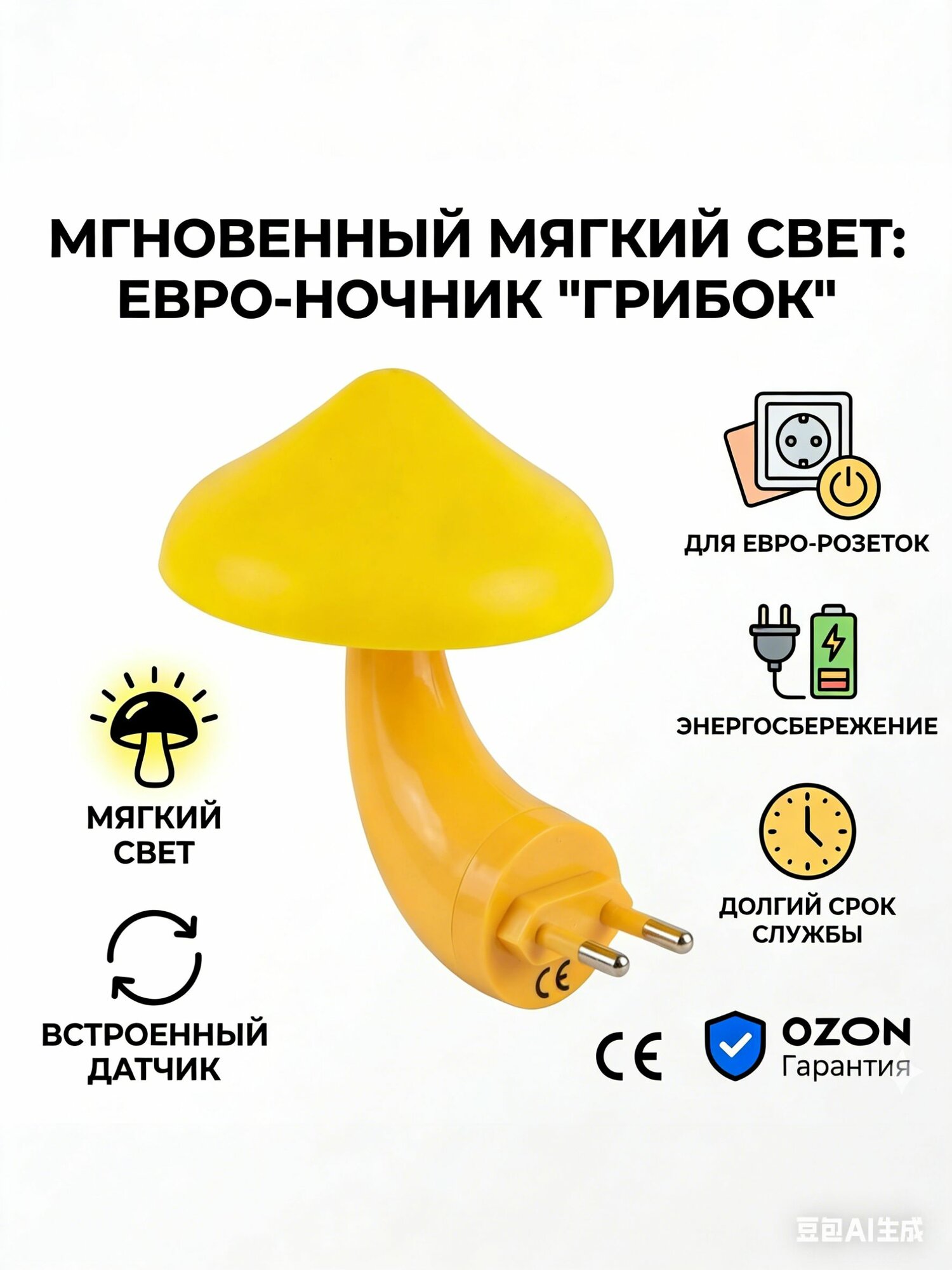 1 шт Ночник-светильник гриб с датчиком света, мягкий и теплый свет