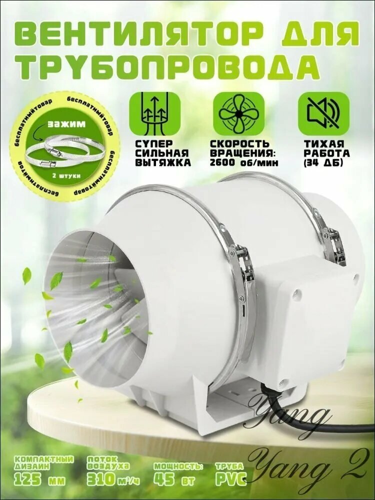 Вентилятор вытяжной канальный, Канальный вентилятор 125 SILENT 125мм, 310м3/ч вытяжной осевой малошумный
