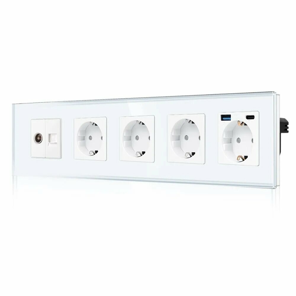Pозетка на 5 столба с доступом в Интернет, CAT6, разъем USB A/TYPE-C, закаленное стекло, цвет белый