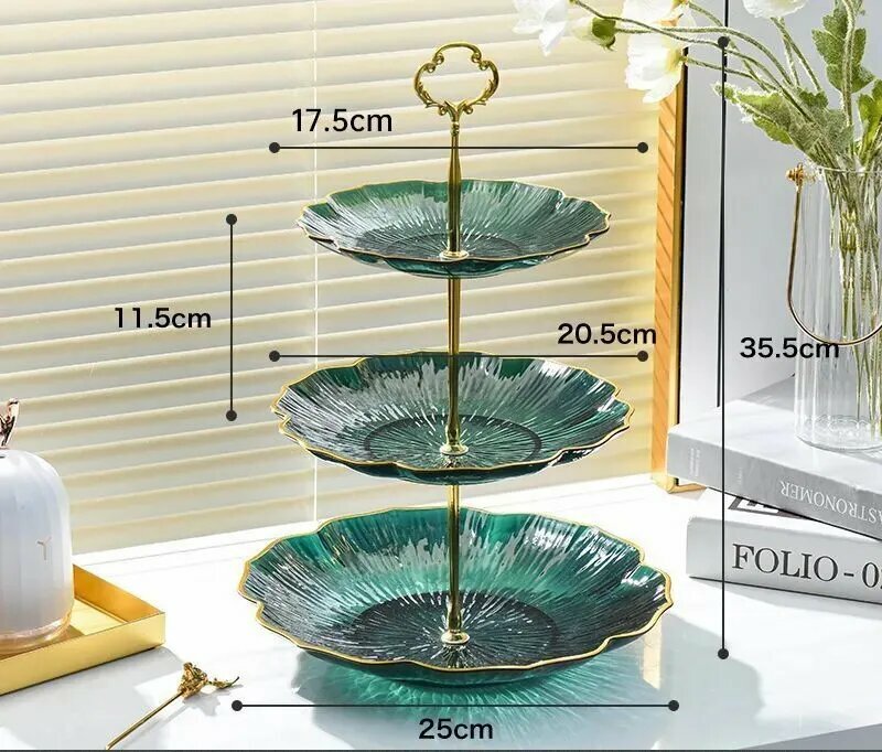 Фруктовница трехъярусная, 1 шт. Зеленая стеклянная этажерка для фруктов и конфет