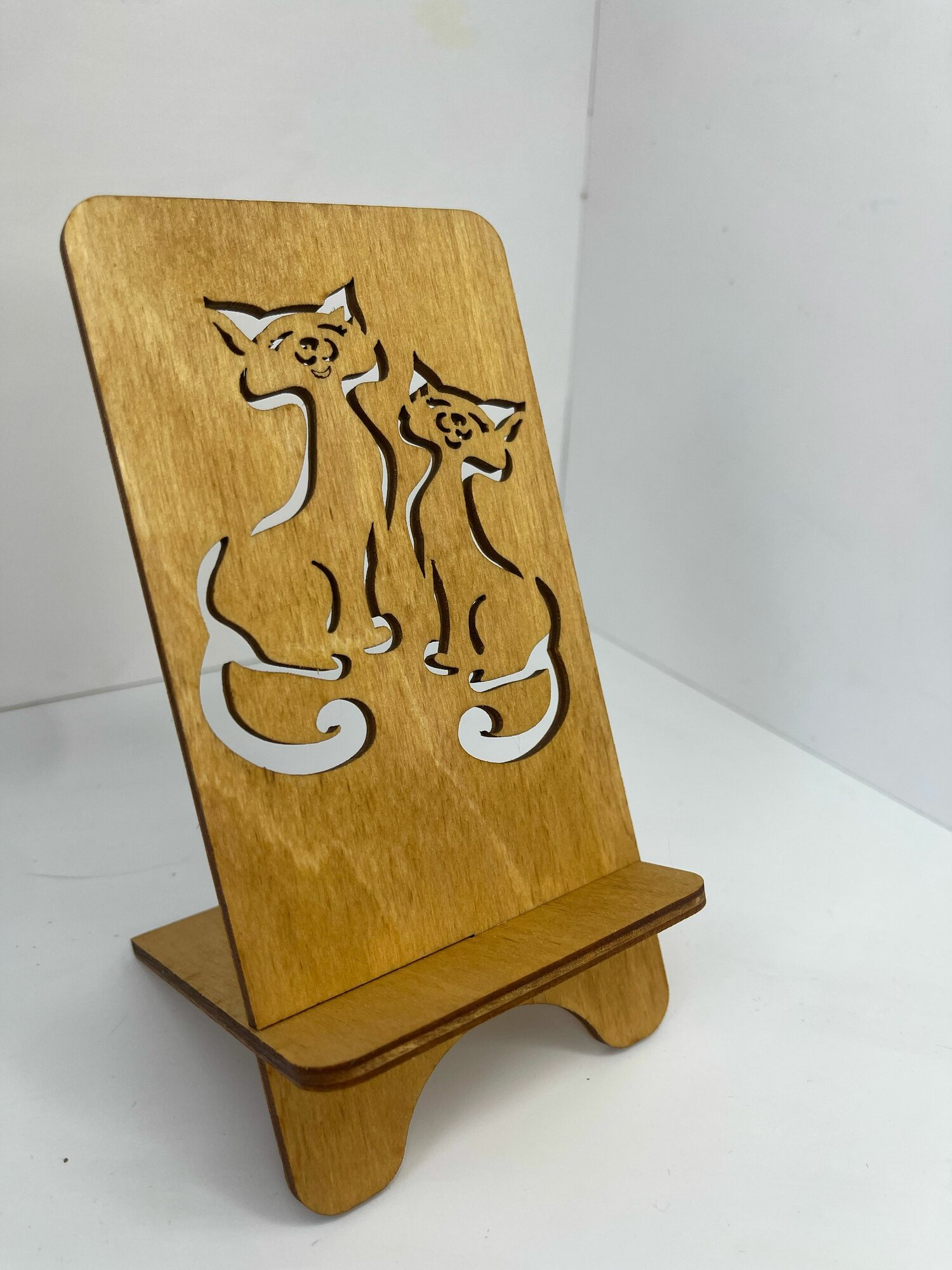 Держатель для телефона "Котики", дерево, коричневый, бежевый