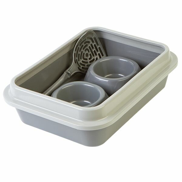 Набор аксессуаров Сибирская кошка Для Питомца, туалет с бортиками, совок, миска двойная, графит