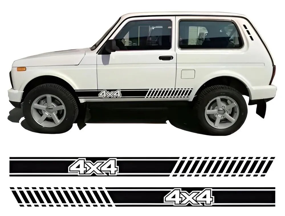 Наклейка на автомобиль для тюнинга Нива 4x4, виниловая пленка, комплект 2 шт, черный, 150x11 см