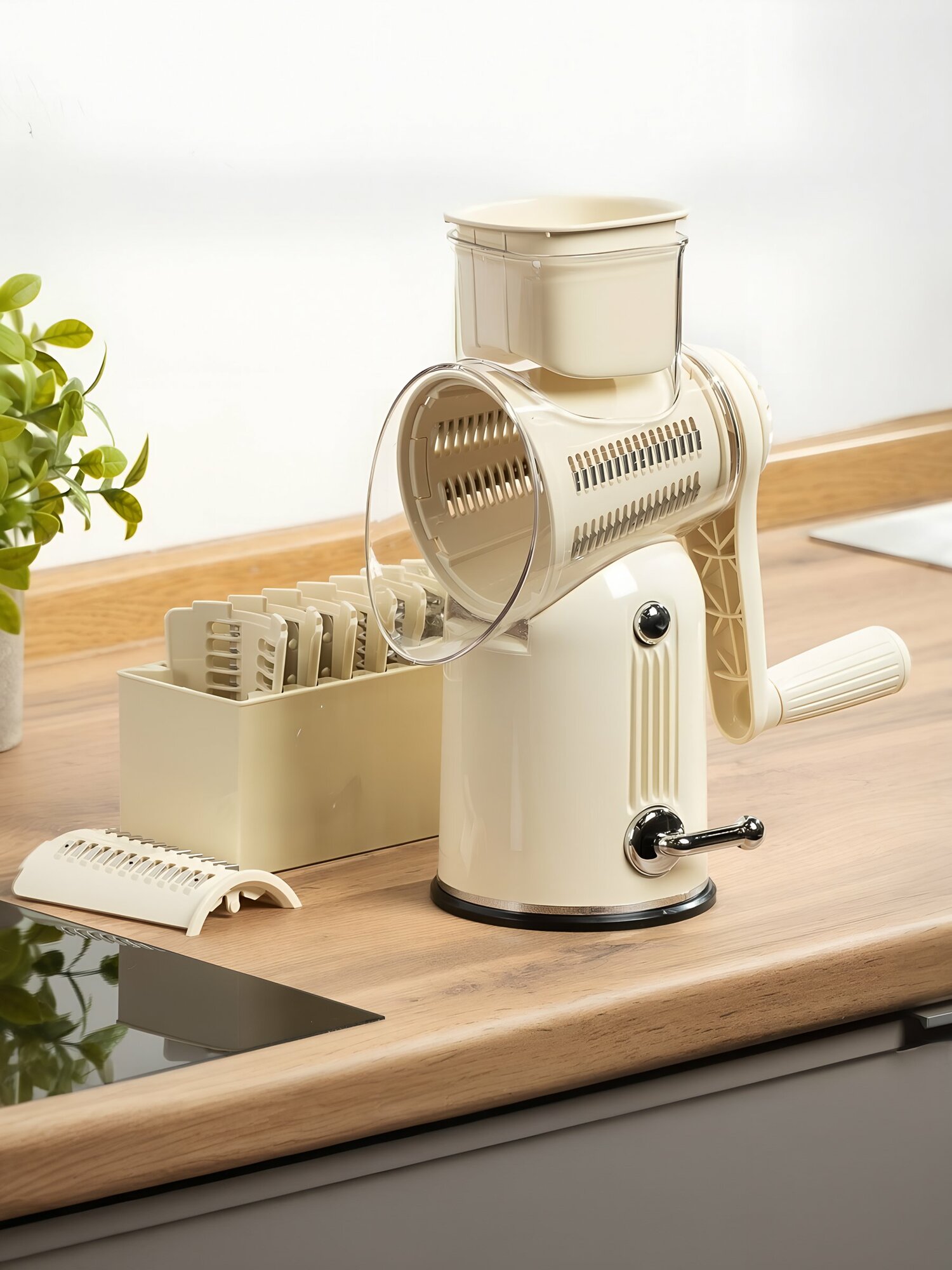 Терка роторная механическая для овощей и сыра, бежевая, с насадками, размер 13х24.5х28 см, артикул Y4-8843