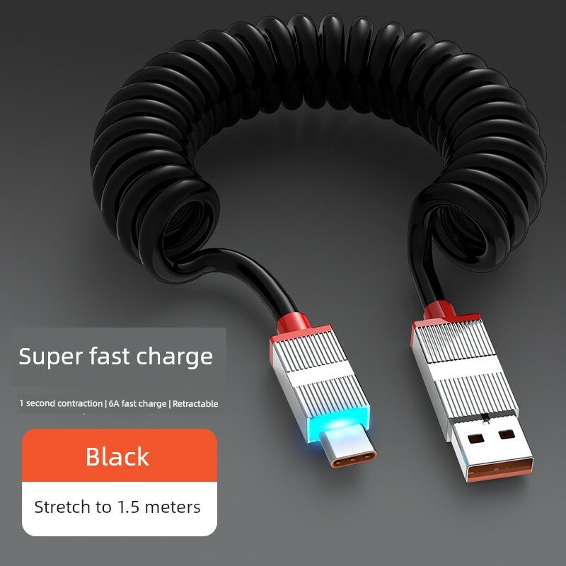 Пружинный автомобильный кабель с быстрой зарядкой USB-C и светодиодной индикацией, черный, 1,6 м