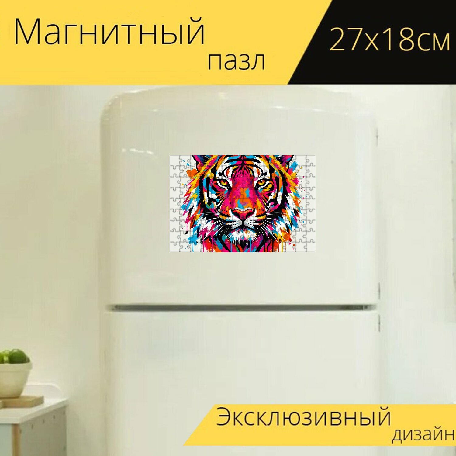 Магнитный пазл "Яркая голова тигра в стиле поп-арт. Экспрессивный образ хищника с пронзительным взглядом, выполненный в неоновых розовых, синих." на холодильник 27 x 18 см.
