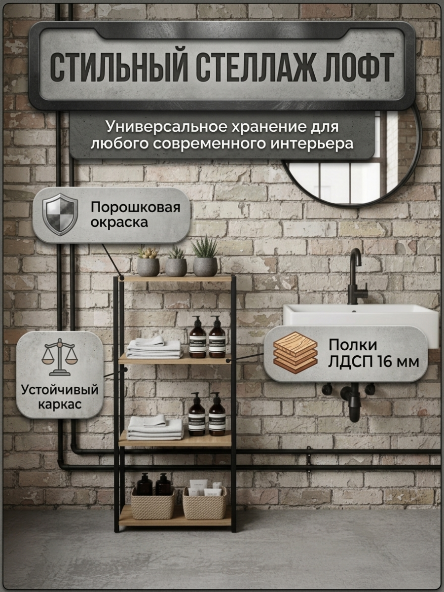 Стеллаж напольный металлический в стиле лофт (60*25*99 см) Дуб вотан