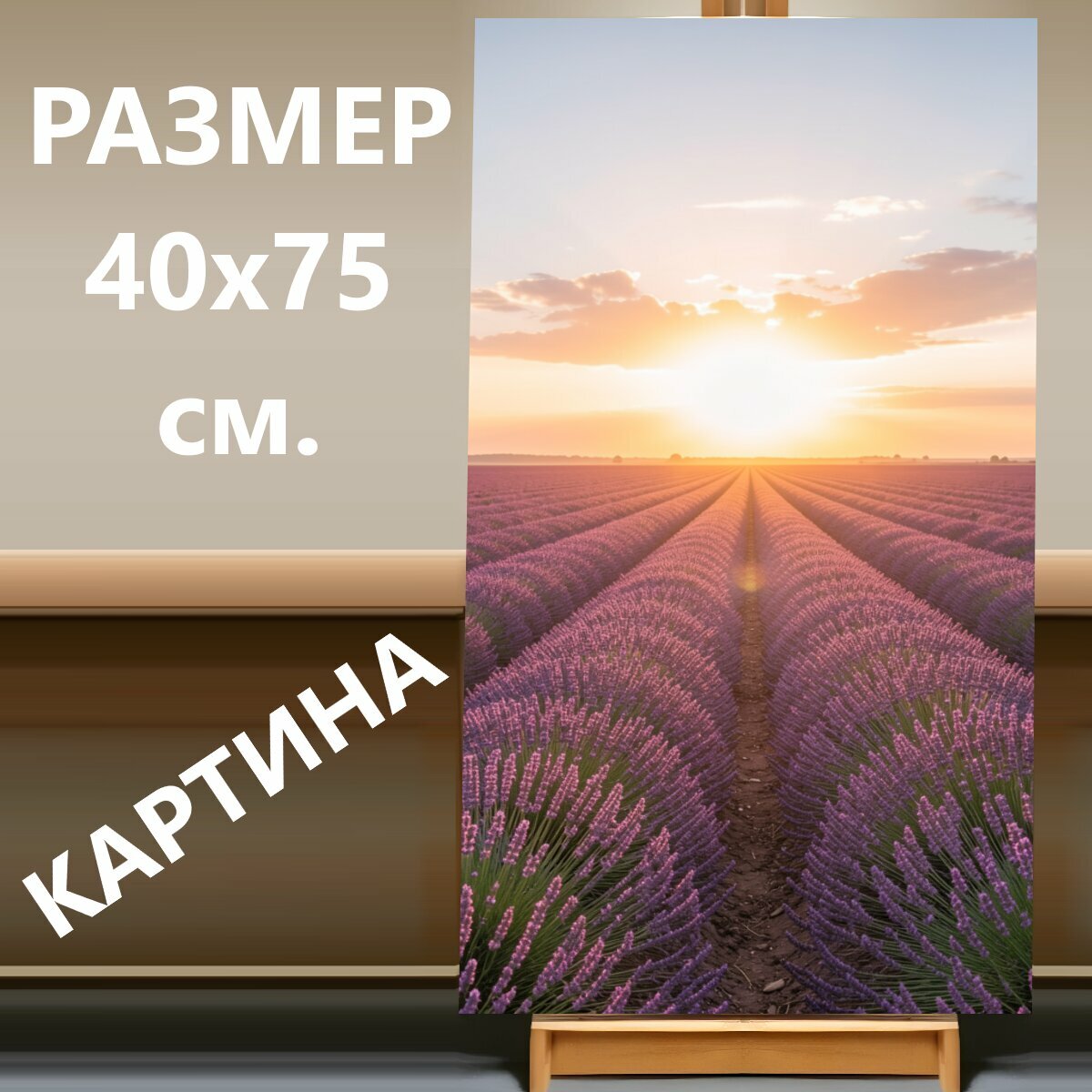 Картина на холсте "Лавандовое поле на закате. Бескрайняя цветочная плантация с ровными рядами сиреневых кустов, уходящих к горизонту. Мягкий." на подрамнике 75х40 см. для интерьера