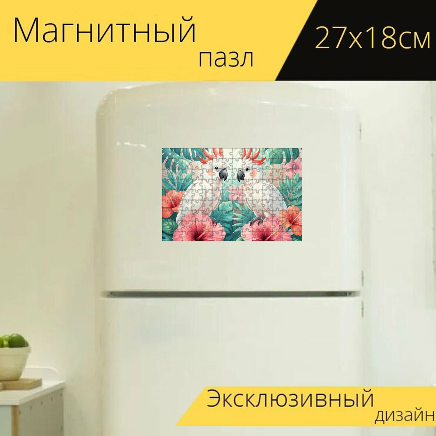 Магнитный пазл "Попугаи среди тропических цветов. Два белых какаду с коралловыми хохолками сидят среди пышной тропической зелени и розовых гибискусов." на холодильник 27 x 18 см.