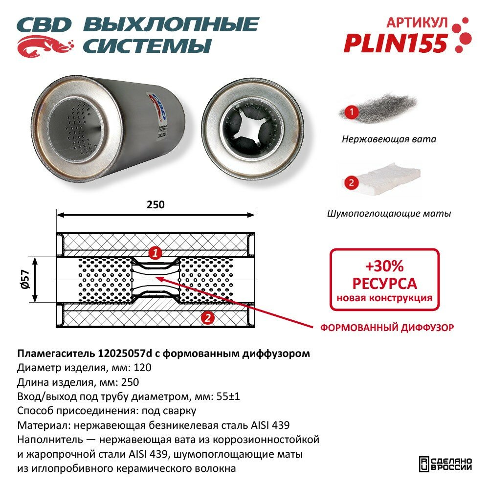 Пламегаситель 12025057d с перфорированным диффузором, из Нерж. стали. CBD. PLIN155