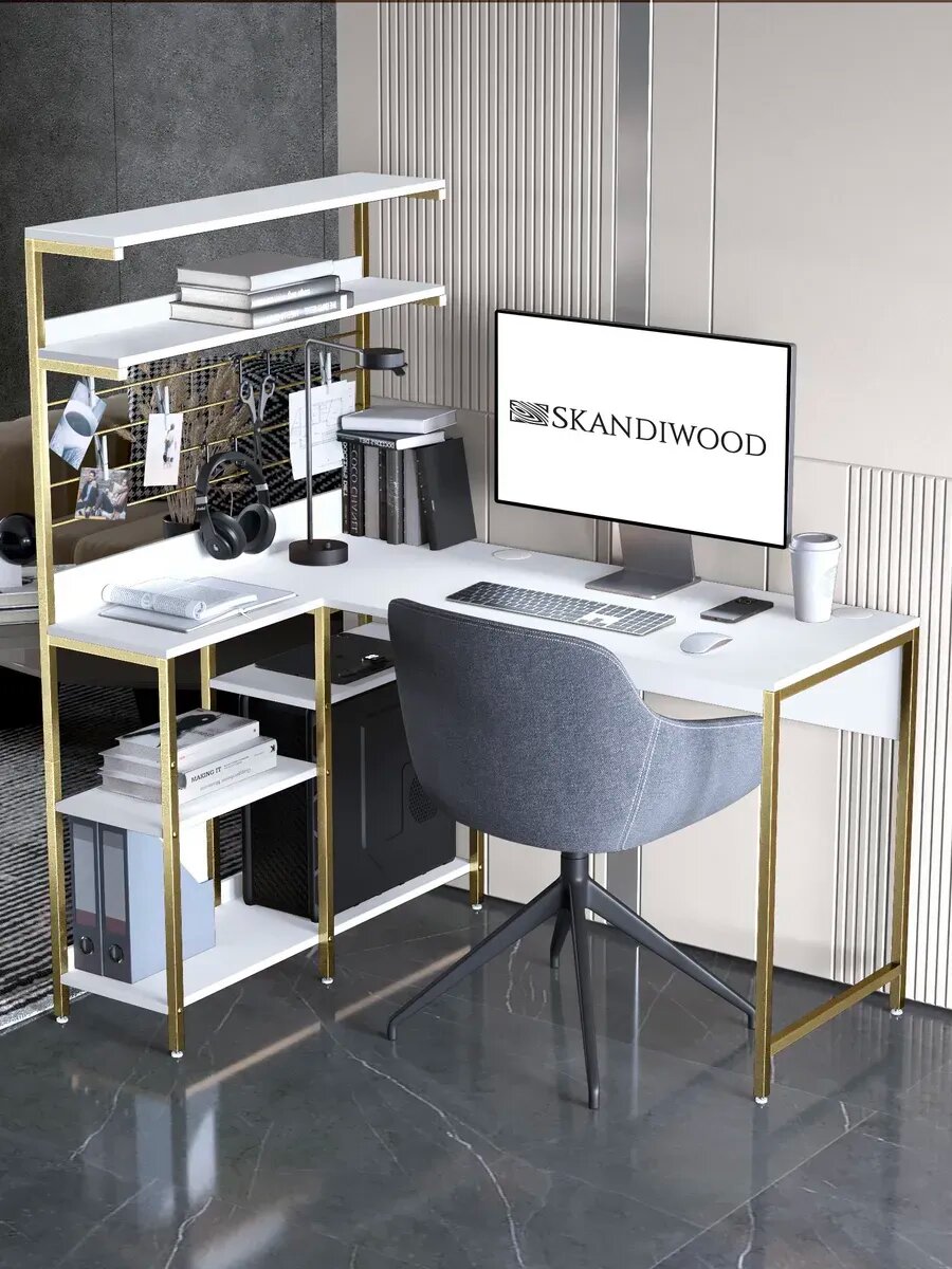 Угловой компьютерный стол с полками белый письменный геймерский