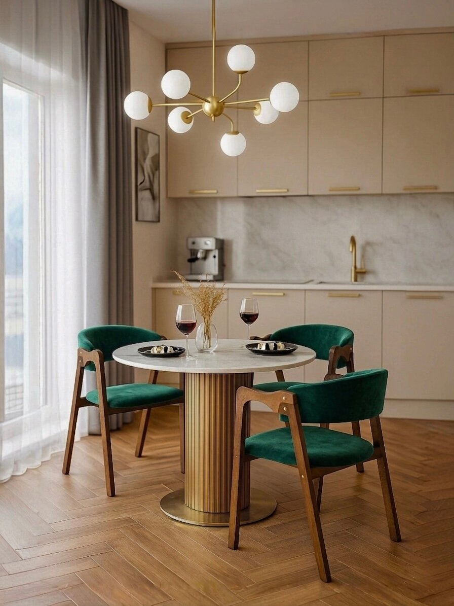 Стулья для кухни комплект 3 шт. со спинкой мягкие деревянные, кресла для обеденной зоны с подлокотниками, велюр, Зеленый