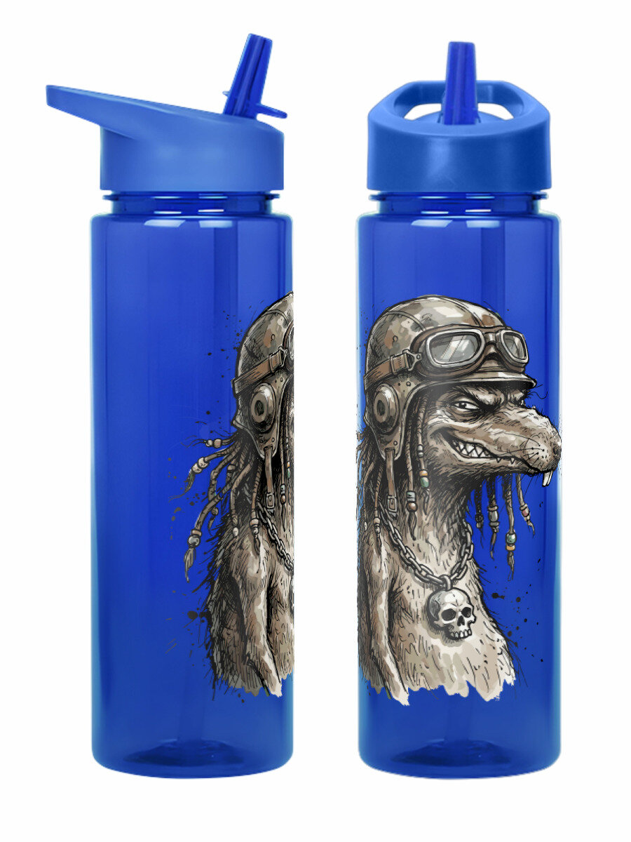 Бутылка синяя для воды с принтом Крыса с дредами и черепом