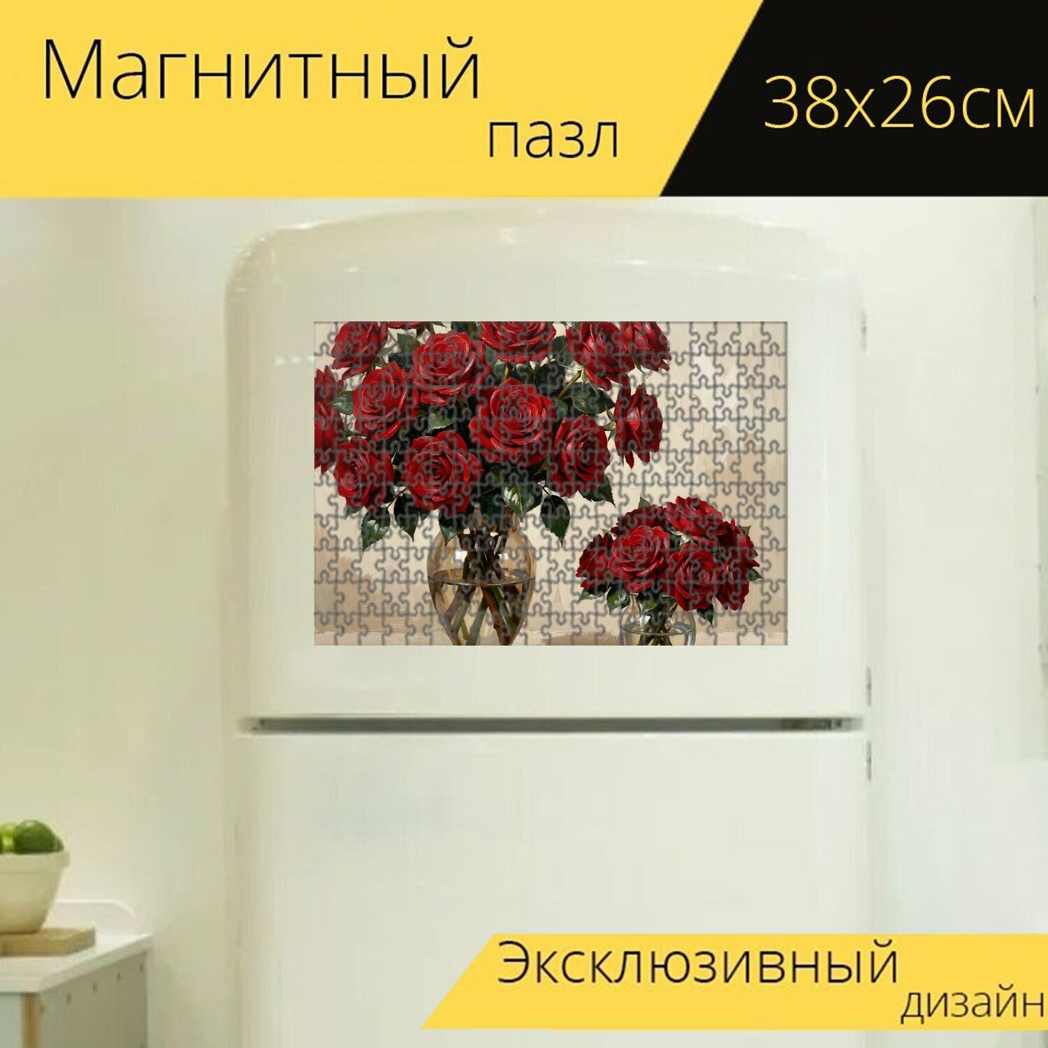 Магнитный пазл "Красные розы в вазах. Натюрморт в живописной манере: пышные алые бутоны в стеклянных сосудах на светлом бежевом фоне. Элегантная композиция." для интерьера, 38х26 см.