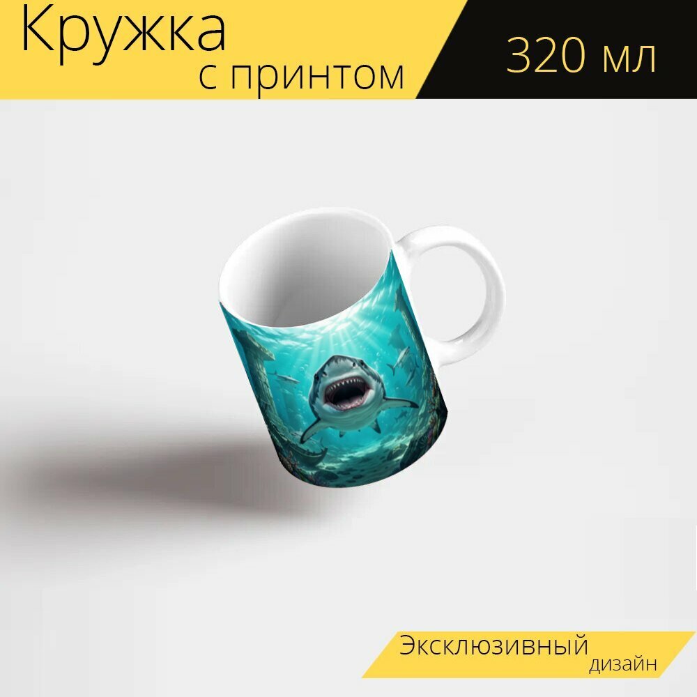 Кружка с рисунком, принтом "Акула в подводных руинах. Подводная сцена с гигантской хищной рыбой, древними колоннами, кораллами и затонувшим кораблем. Бирюзовые оттенки, лучи." 320 мл.