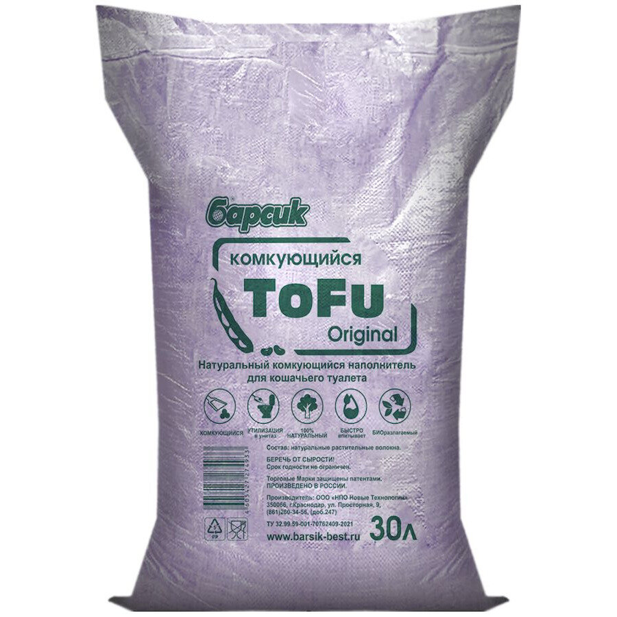 Наполнитель ToFu Original комкующийся для взрослых кошек Барсик, 30 л