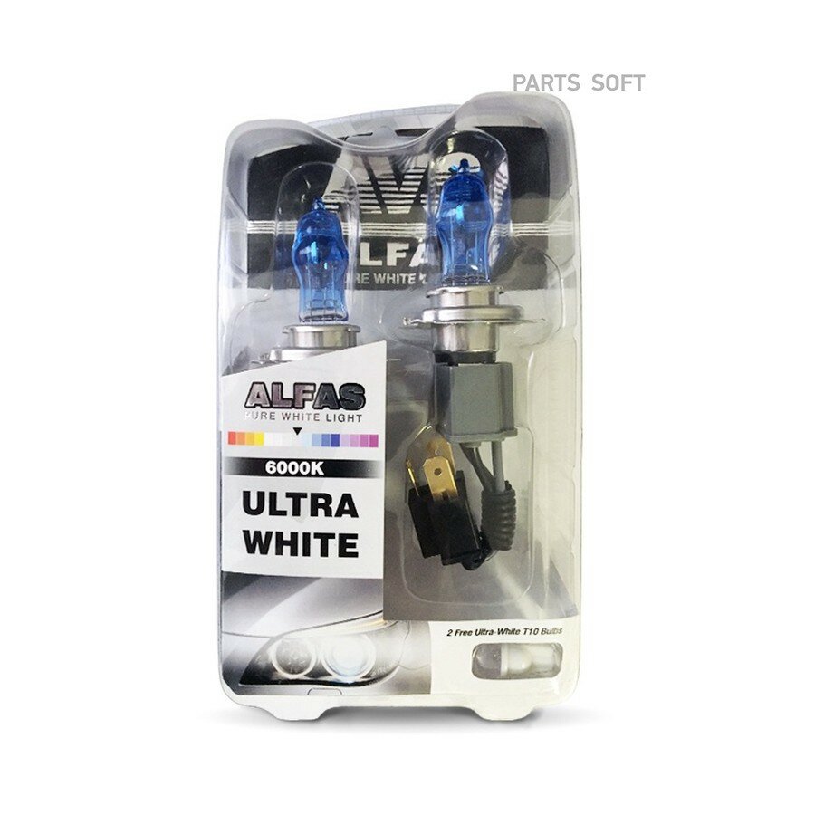 Лампа галогенная H4 12V 75/80W "AVS" Alfas (Pure-White 6000К +2 Т10) (2 шт.) AVS A07244S | цена за 1 шт