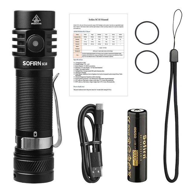 Фонарь Sofirn SC18 1800 лм EDC, перезаряжаемый через USB-C, со светодиодом SST40 и аккумулятором 18650, TIR-оптической линзой и индикатором заряда батареи.