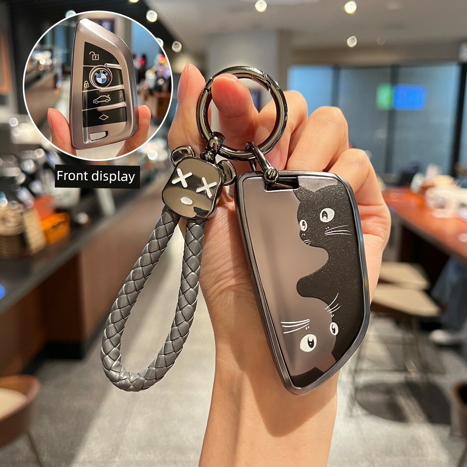 Держатель ключа для BMW Mini Cooper с серым медвежьим шнуром, премиум кожа для Countryman Clubman