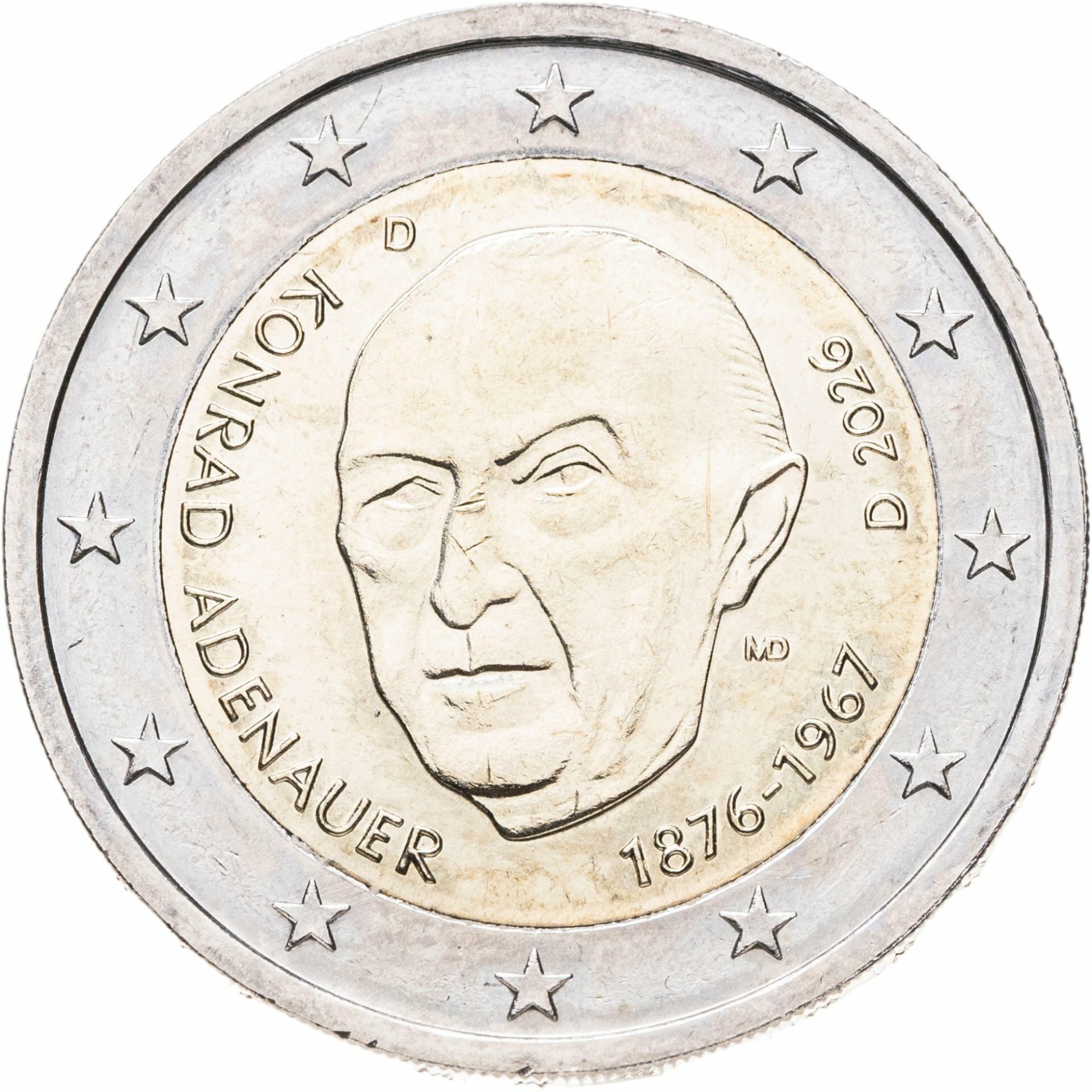 Германия 2 евро 2026 "Конрад Аденауэр" Двор D, Биметалл, в сохранности UNC