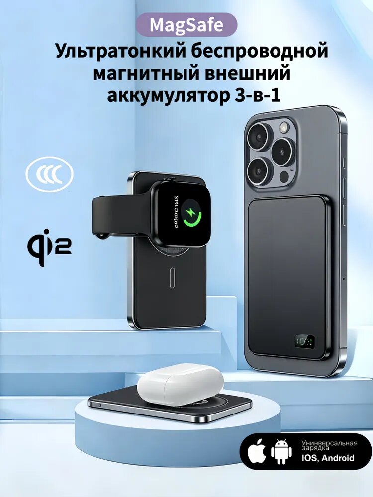 Внешний аккумулятор MagSafe, ультратонкий, для iPhone, быстрая зарядка, с магнитом, поддержка Apple Watch