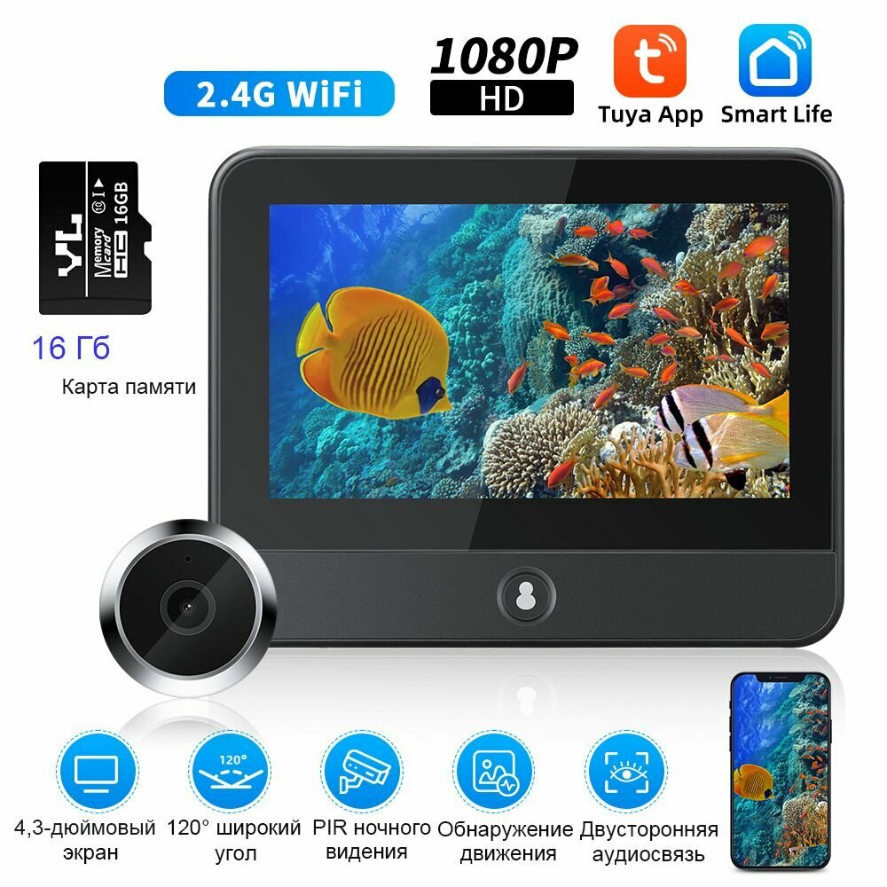 Видеоглазок для входной двери Умный радар Tuya WiFi Кошачий глаз(Включая карту памяти емкостью 16G)